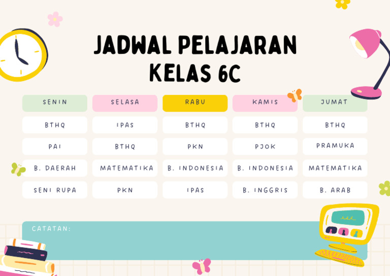 Jadwal Pelajaran Kelas Kreatif Ilustratif Berwarna Wahdah Kelas 6c | PDF