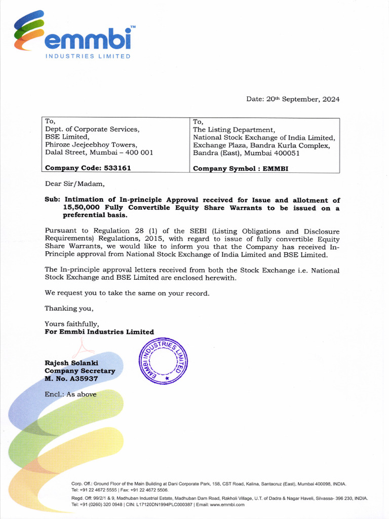EMMBI 20092024221114 BSE NSE Letter in Principle Signed | PDF