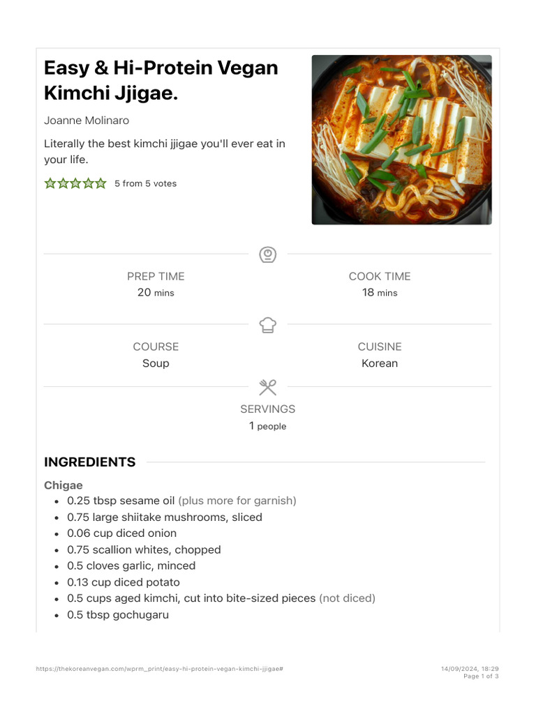 Easy & Hi-Protein Vegan Kimchi Jjigae. - The Korean Vegan | PDF