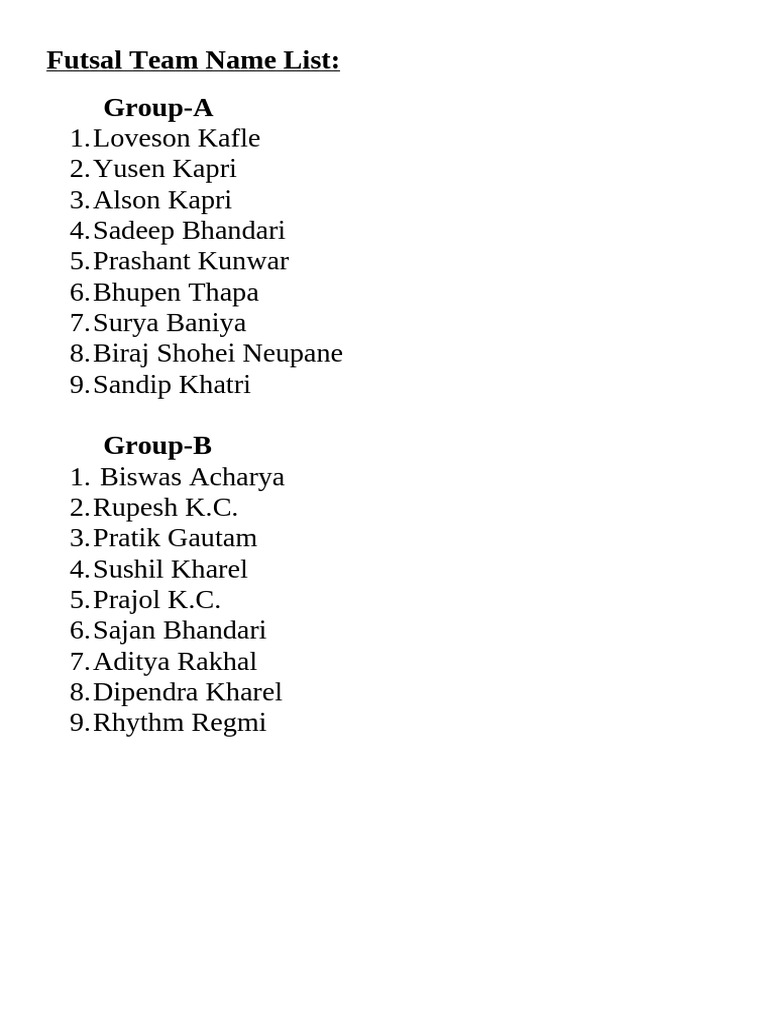 Futsal Team Name List | PDF