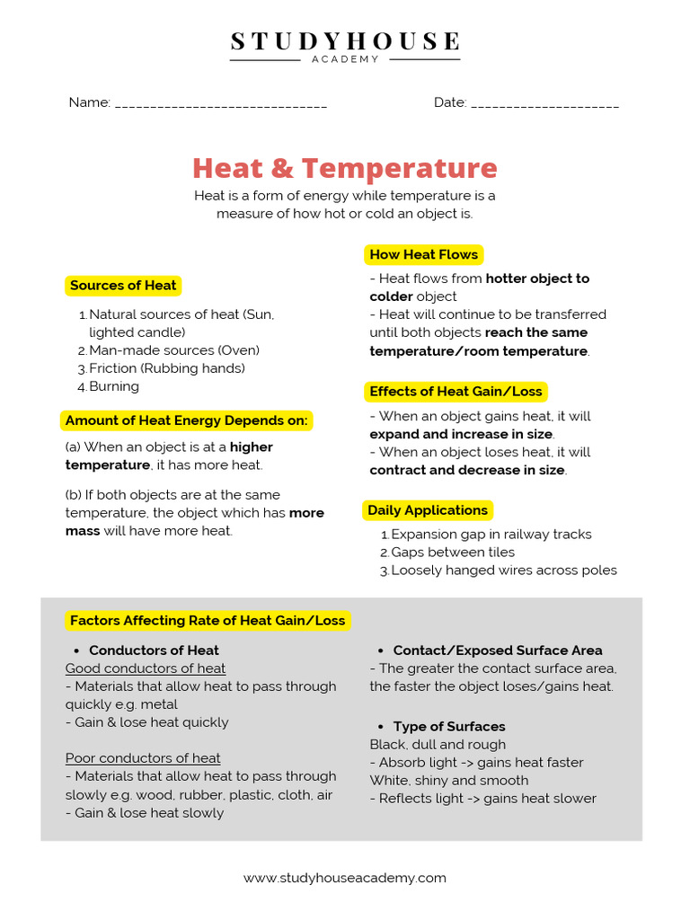 P4 Science Energy Heat & Temperature Cheatsheet | PDF