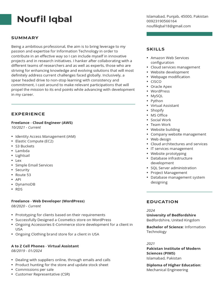 Noufil Iqbal CV 2024 | PDF | Amazon Web Services | Computing