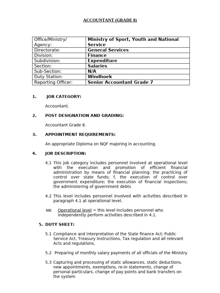Accountant Grade 8 Job Description | PDF | Expense | Finance & Money ...