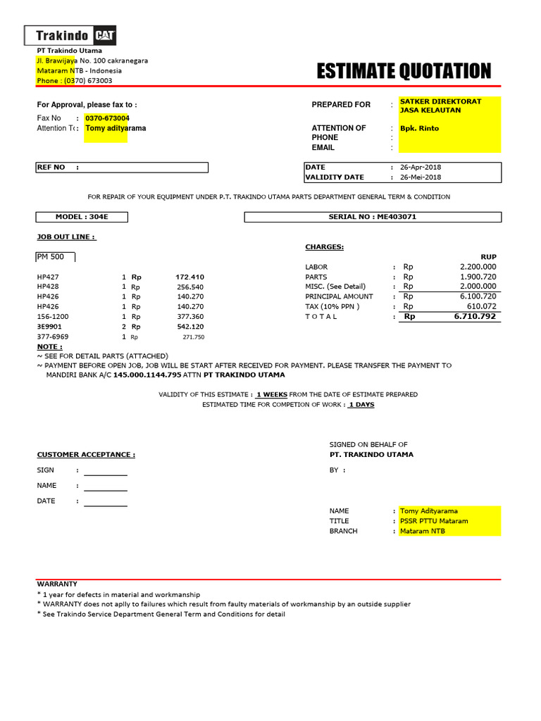 Template Quotation SERVICE Perikanan Bima 2018 | PDF