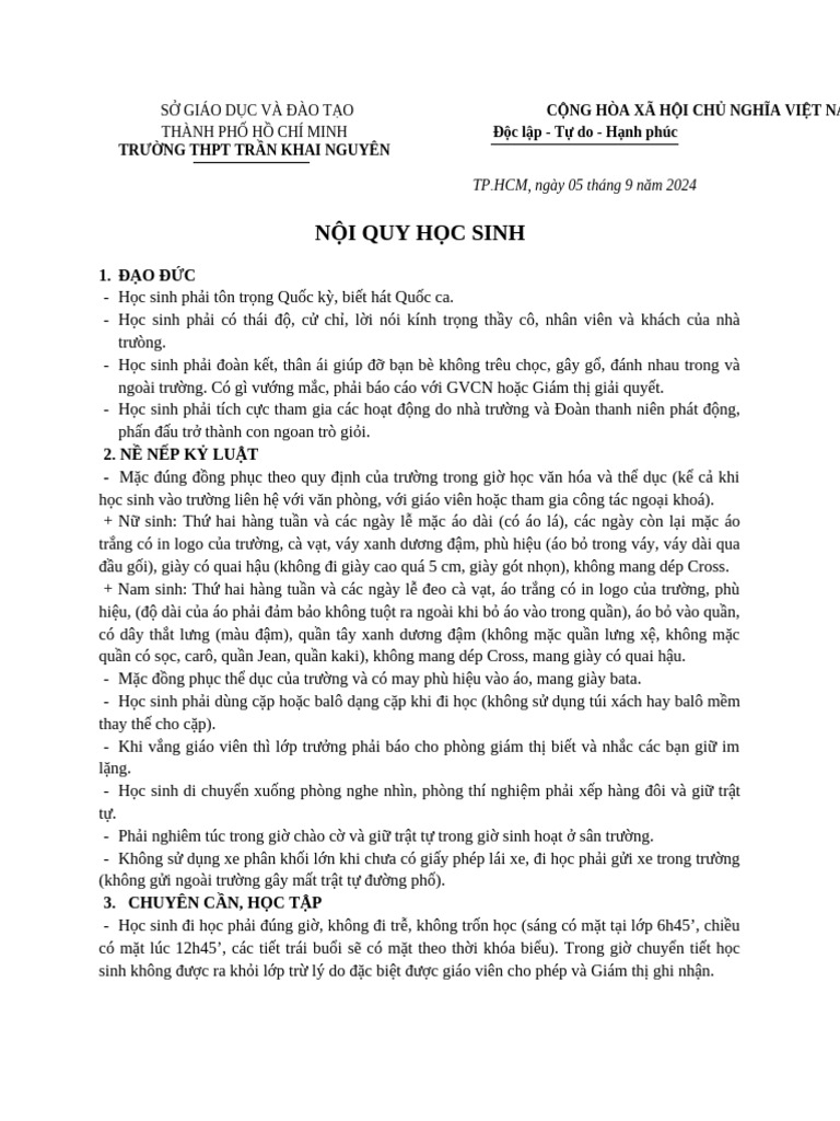 Nội Quy Học Sinh | PDF