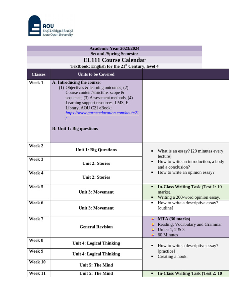 EL111 Course Calendar 2023-2024 - Second Semester | PDF