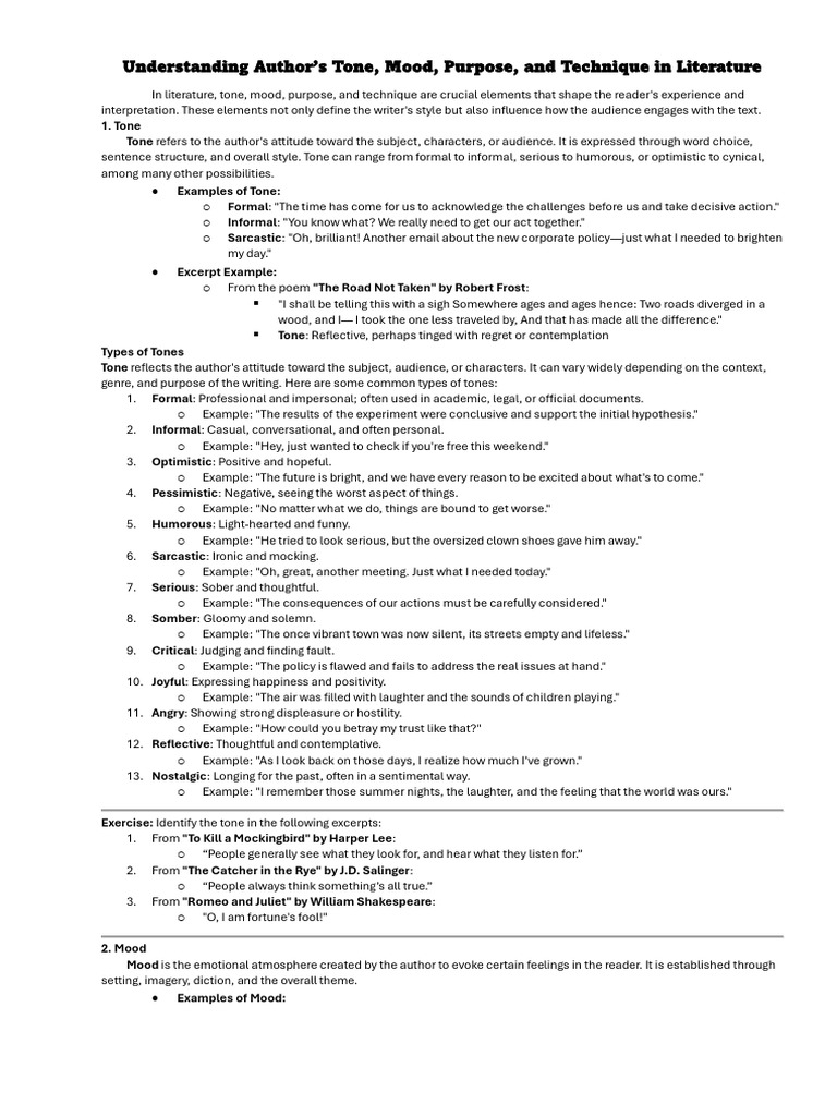 Authors Tone Mood Purpose and Technique in Literature Updated | PDF ...