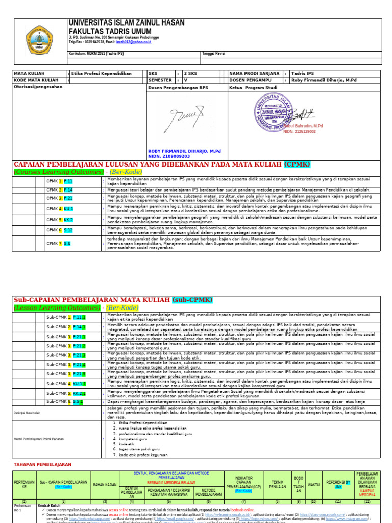 RPS MBKM ROBY Etika Profesi Kependidikan | PDF