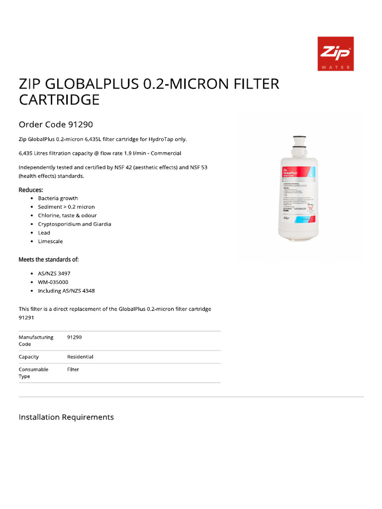 Zip Globalplus 0.2-Micron Filter Cartridge | PDF