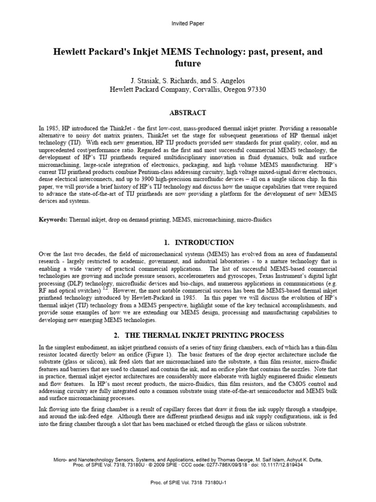 Hewlett Packard's Inkjet MEMS Technology: Past, Present, and Future | PDF