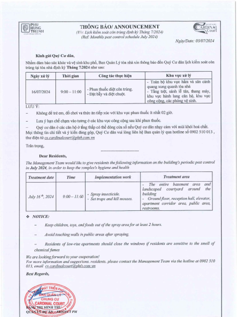 C13B- Lịch kiểm soát côn trùng định kỳ Tháng 72024- Monthly pest control schedule July 2024 | PDF