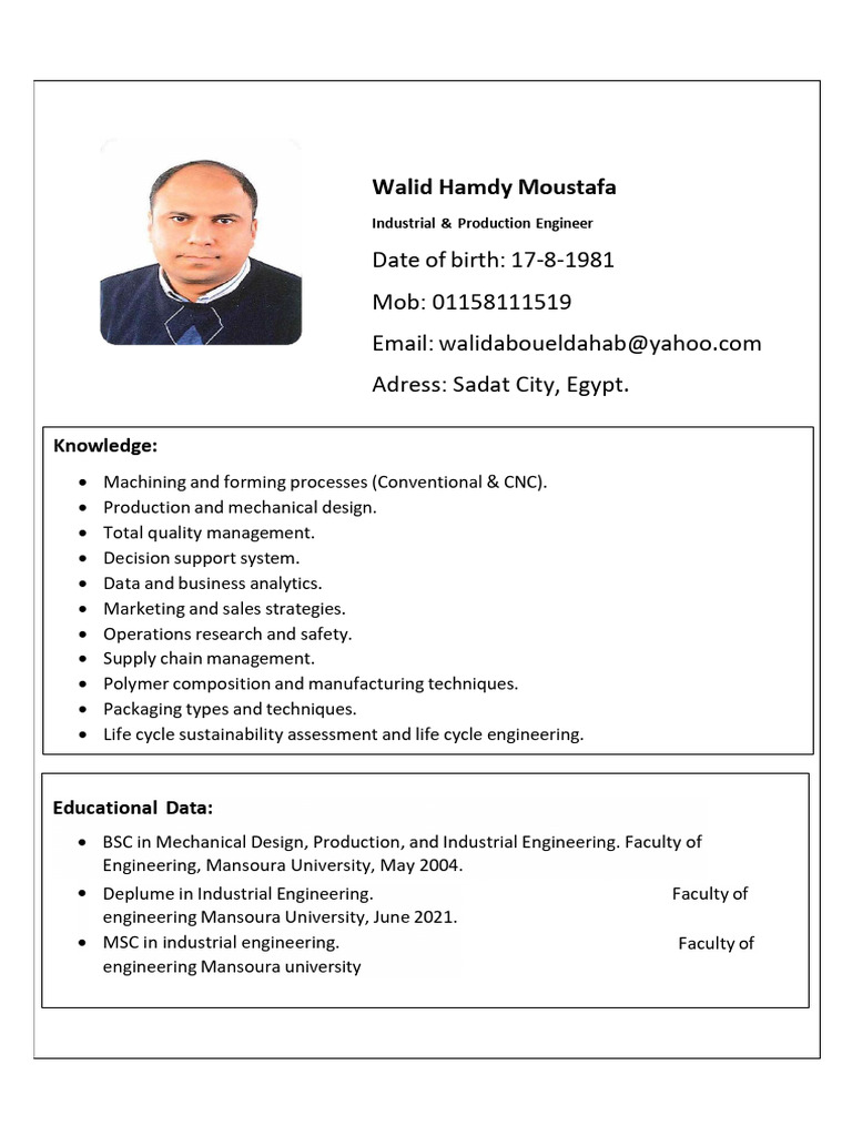 CV Eng Walid Hamdy Mosustafa | PDF