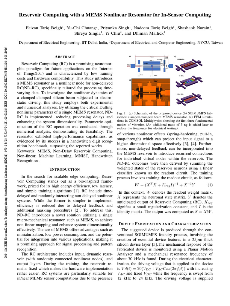 Reservoir Computing With A MEMS Nonlinear Resonator For In-Sensor Computing | PDF