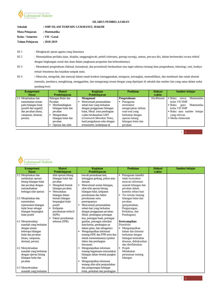 Silabus Matematika Kelas 7 Sem 1 Fix | PDF