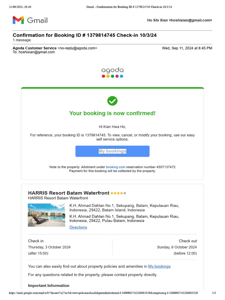 Gmail - Confirmation For Booking ID # 1379814745 Check-In 10-3-24 | PDF