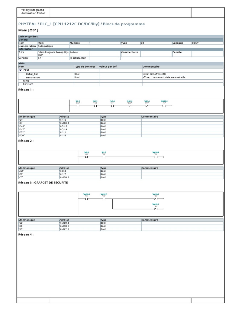 PHYTEAL / PLC - 1 (CPU 1212C DC/DC/Rly) / Blocs de Programme: Main (OB1) | PDF