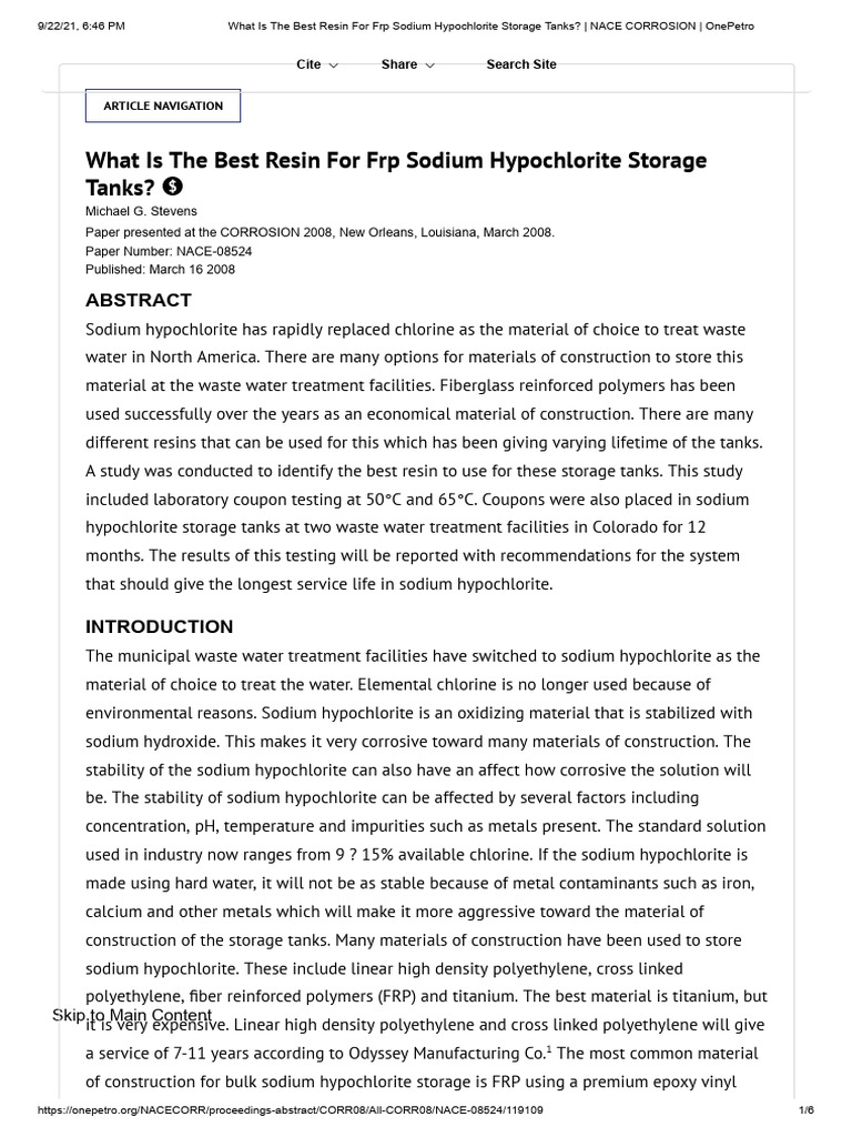 Best Resin For FRP Sodium Hypochlorite Storage Tanks - NACE CORROSION - OnePetro | PDF | Fibre ...