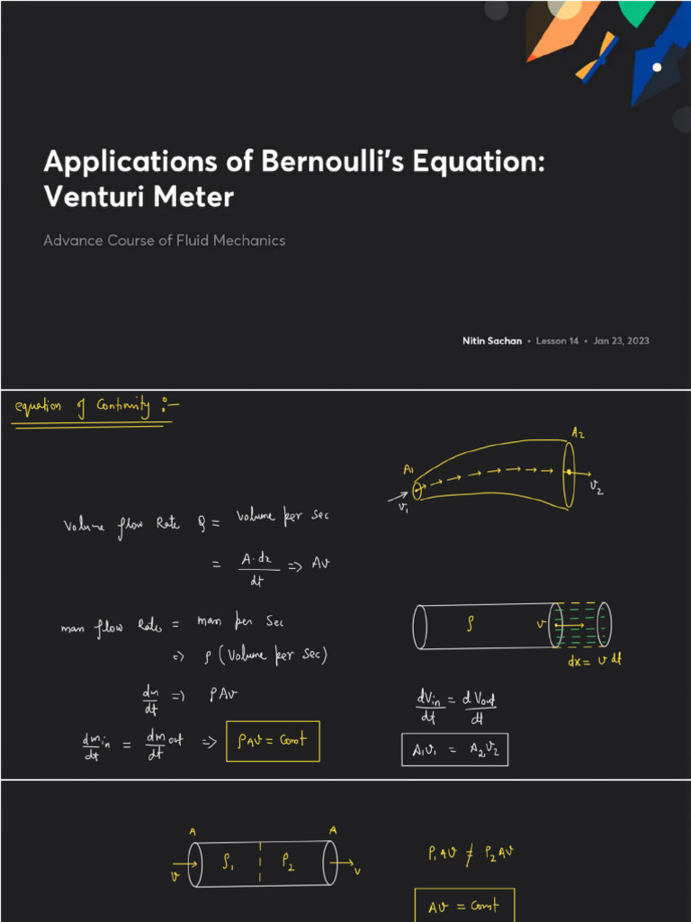 Applications of Bernoullis Equation Venturi Meter With Anno | PDF
