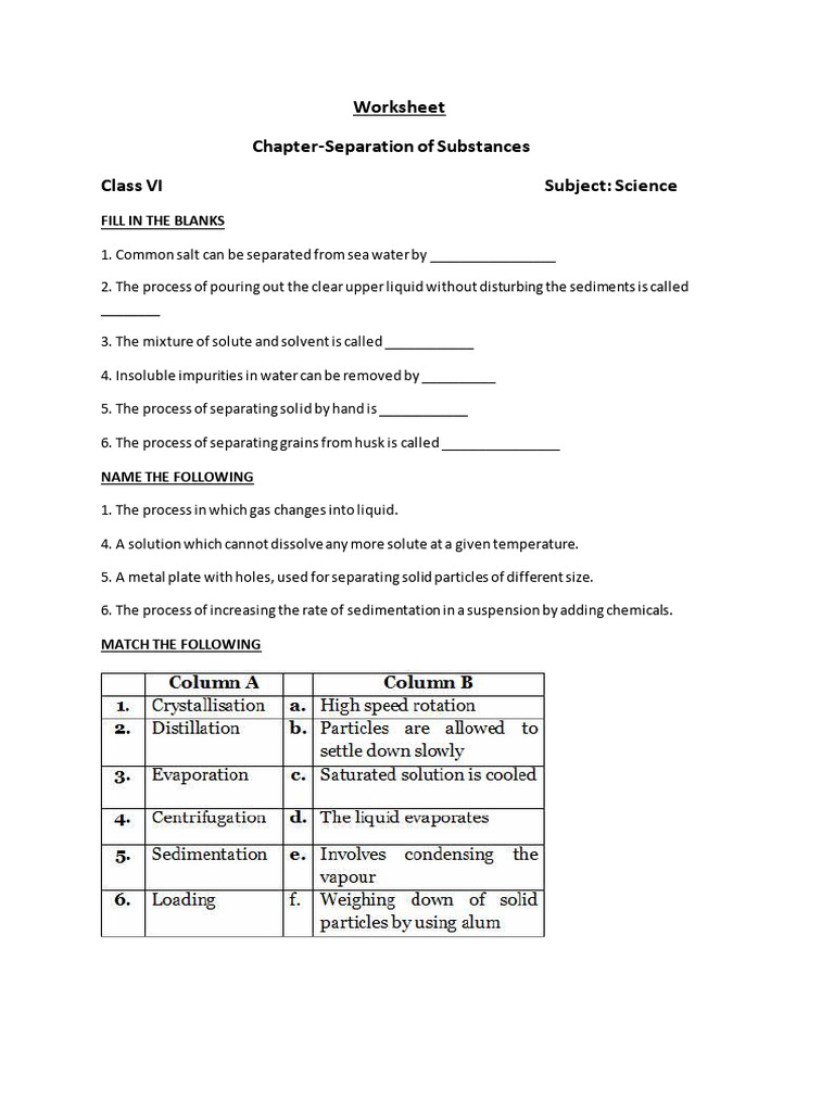 Worksheet Chapter-Separation of Substances Class VI Subject: Science | PDF