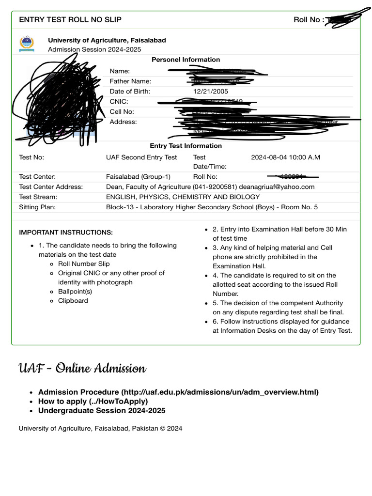 University of Agriculture Entry Test Roll No Slip | PDF