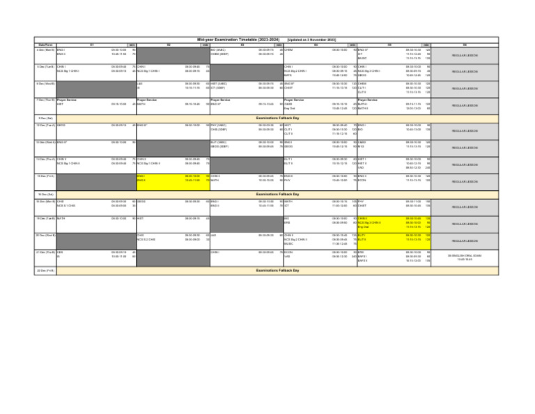2023-24 - 01 - Mid-Year Exam Timetable - Updated As 3 Nov 2 | PDF