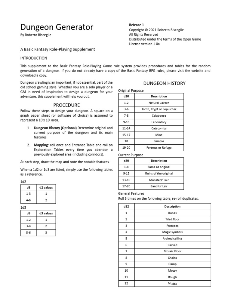 Basic Fantasy Dungeon Generator | PDF