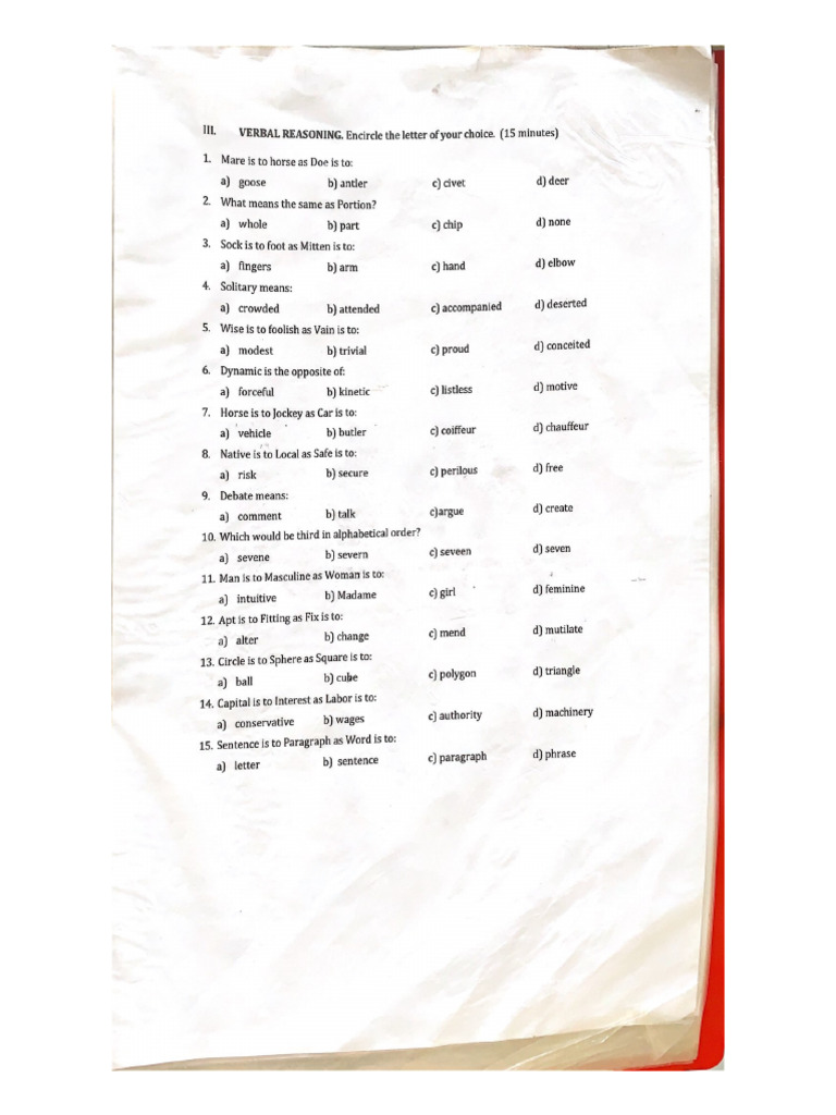 III. VERBAL REASONING. Encircle The Letter of Your Choice. (15 Minutes ...