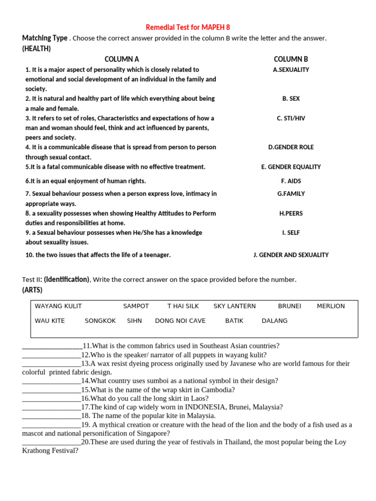 Remedial Test MAPEH 7 | PDF