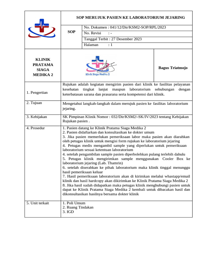 Sop Merujuk Pasien Ke Laboratorium Jejaring | PDF