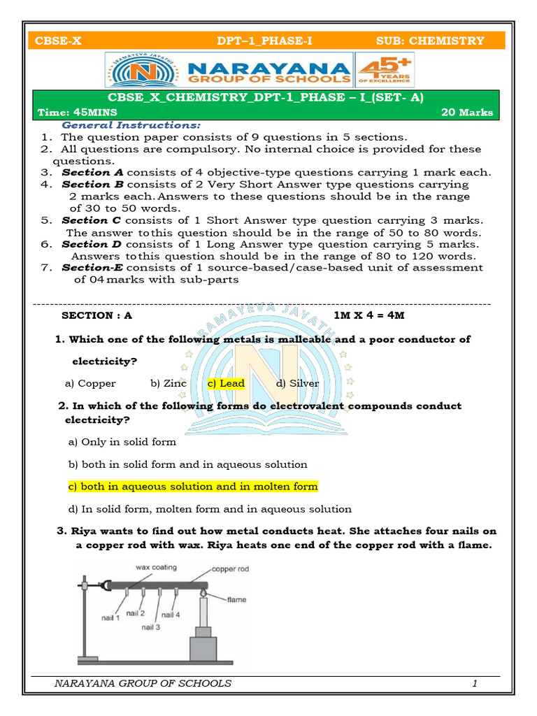 CHEM - CBSE - X - DPT-1 - Phase I - (SET - A) - KEY 10-09-24 | PDF