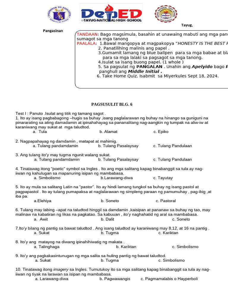 Pagsusulit BLG 6 2024 | PDF | Language Arts & Discipline