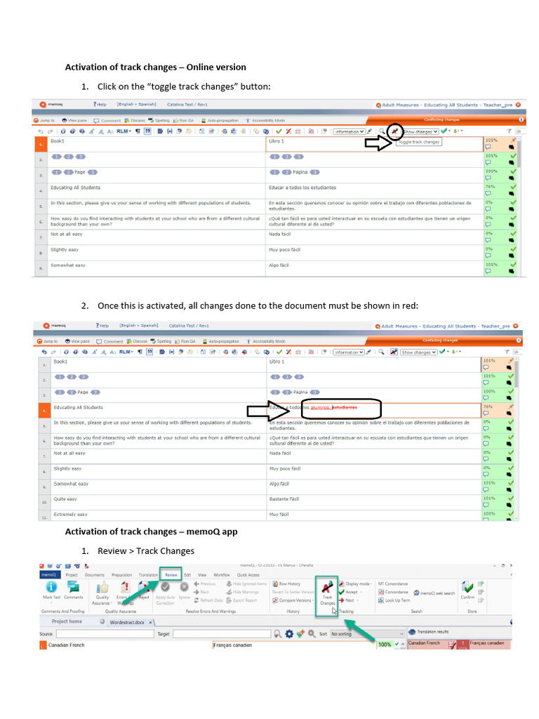 Activating Track Changes in MemoQ Online and App | PDF