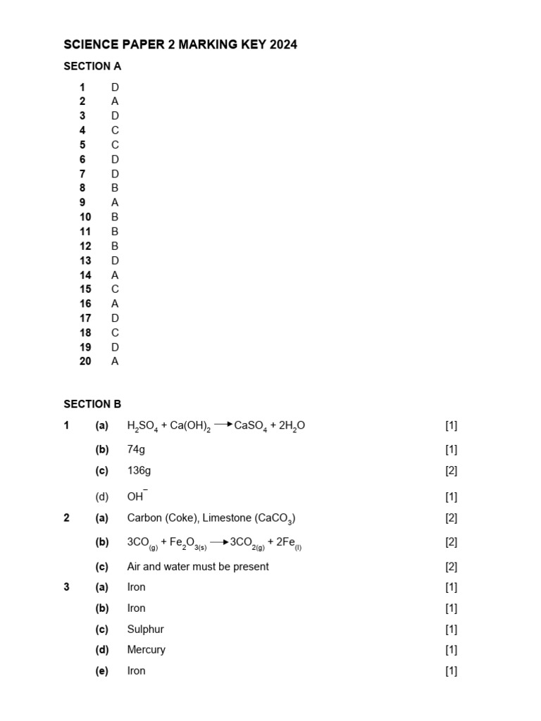 Science Paper 2 Marking Key 2024 | PDF