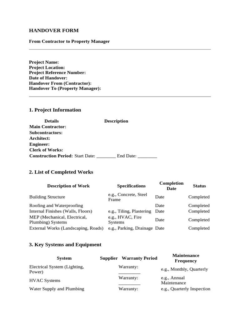 HANDOVER FORM TEMPLATE | PDF