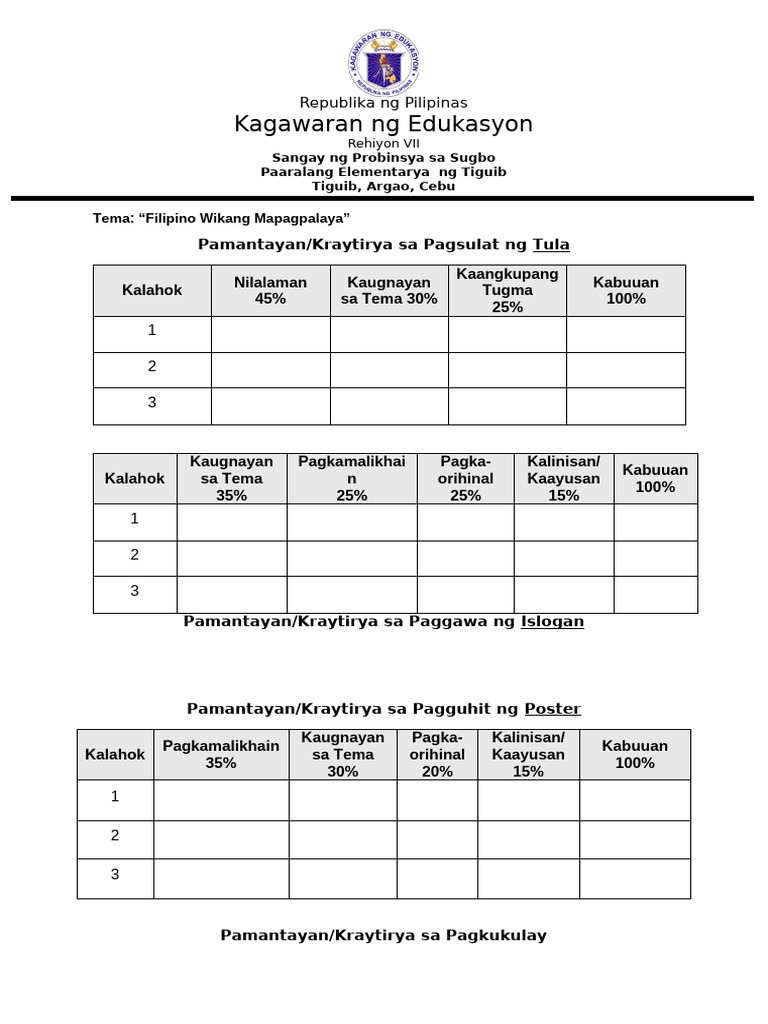 Pamantayan Krayterya Sa Patimpalak Sa Buwan NG Wika | PDF