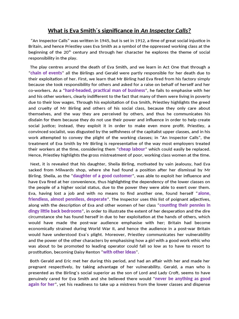 An Inspector Calls Eva Smith Essay | PDF