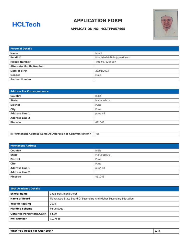 Application Form HCLTFP857465 | PDF