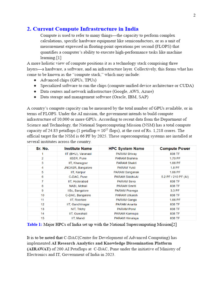 Current Compute Infrastructure in India: Table 1 | PDF