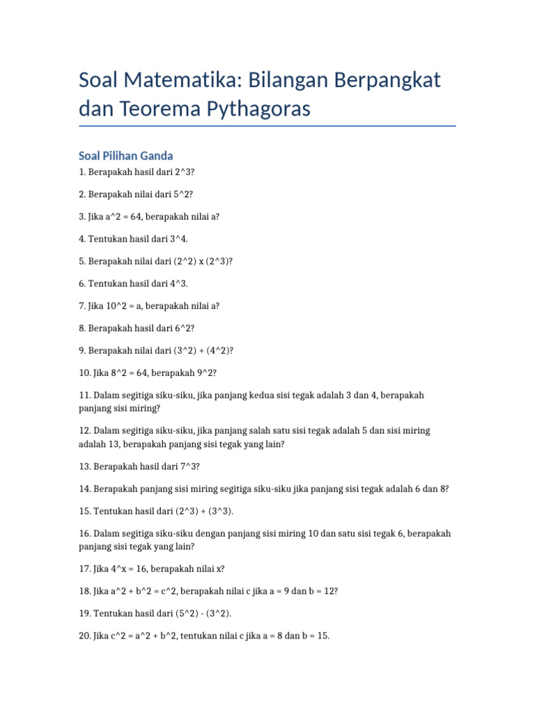 Soal Matematika Bilangan Berpangkat Teorema Pythagoras | PDF