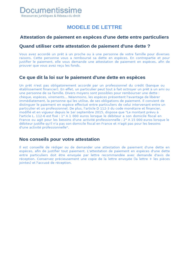 Attestation De Paiement En Espces Entre Particuliers