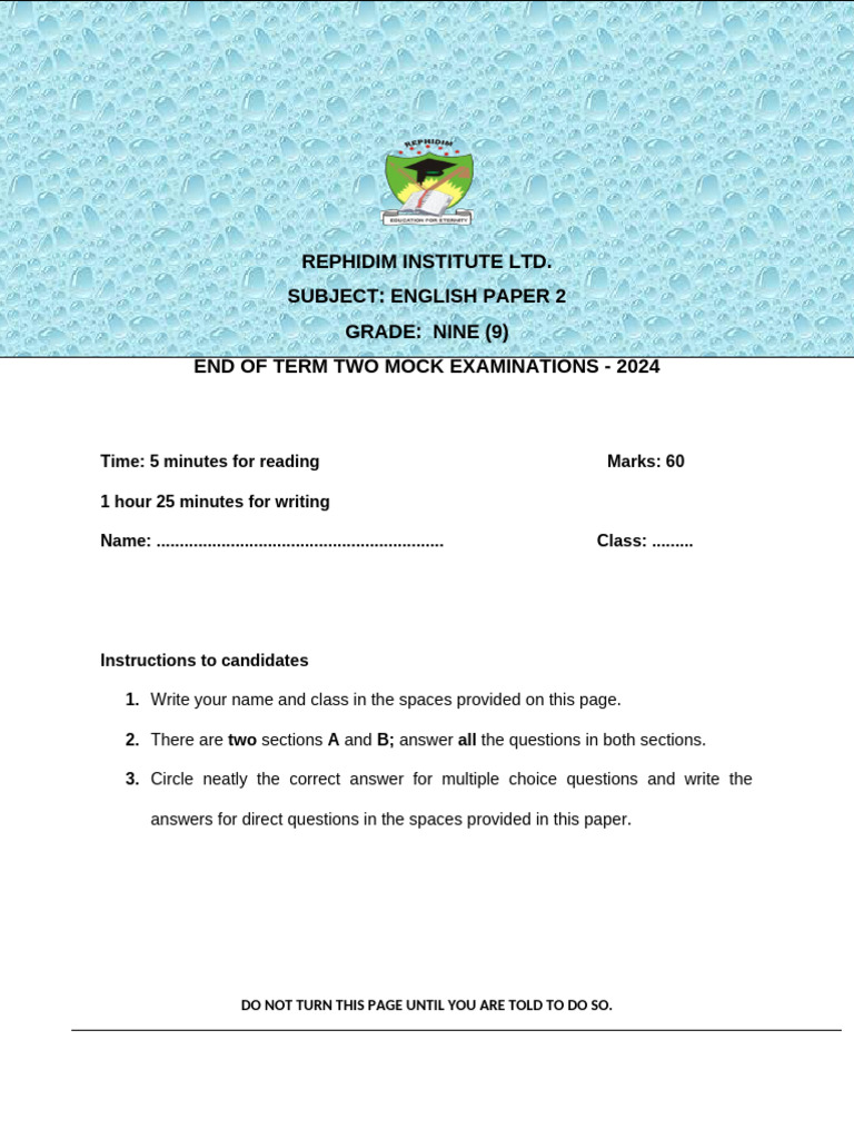 Rephidim Institute Ltd. Subject: English Paper 2 Grade: Nine (9) End of ...