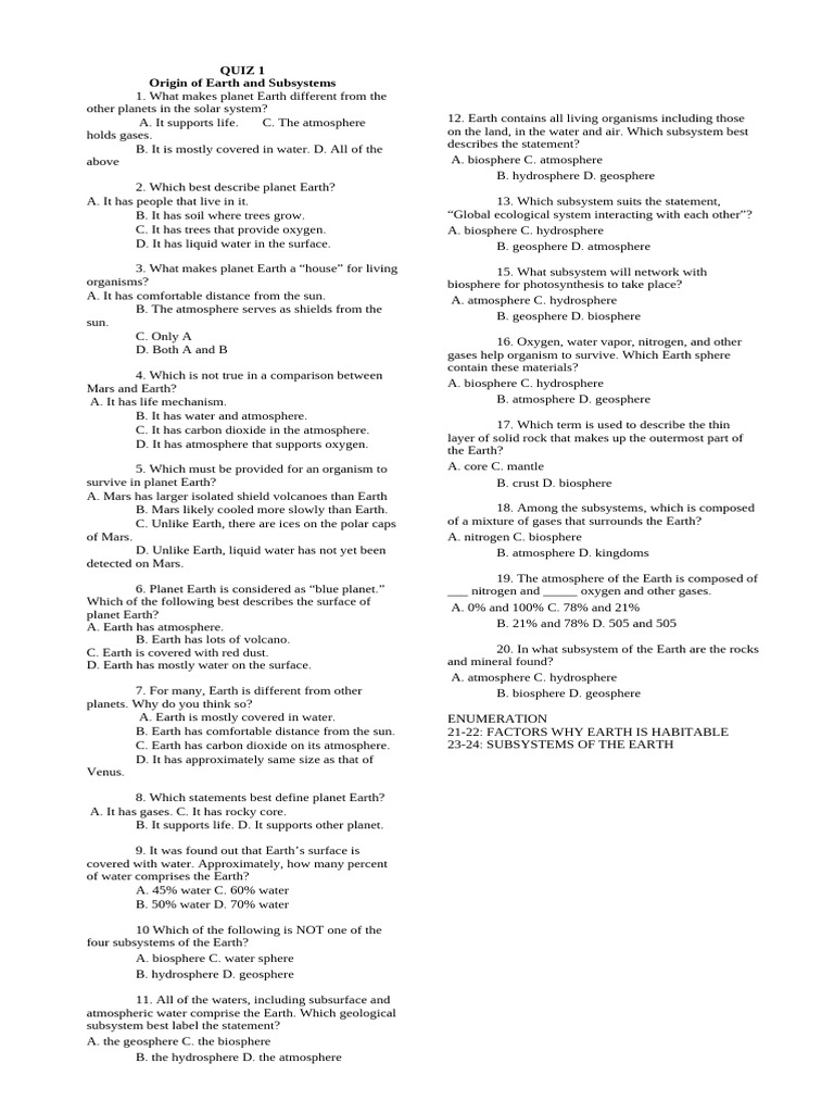 Quiz 1-Els Habitable Earth and Subsystem | PDF