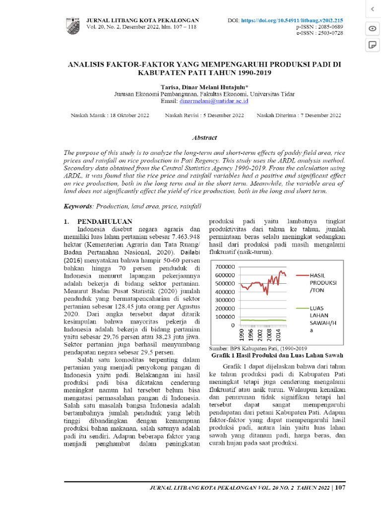 Analisis Faktor-Faktor Yang Mempengaruhi Produksi Padi Di Kabupaten Pati Tahun 1990-2019 ...