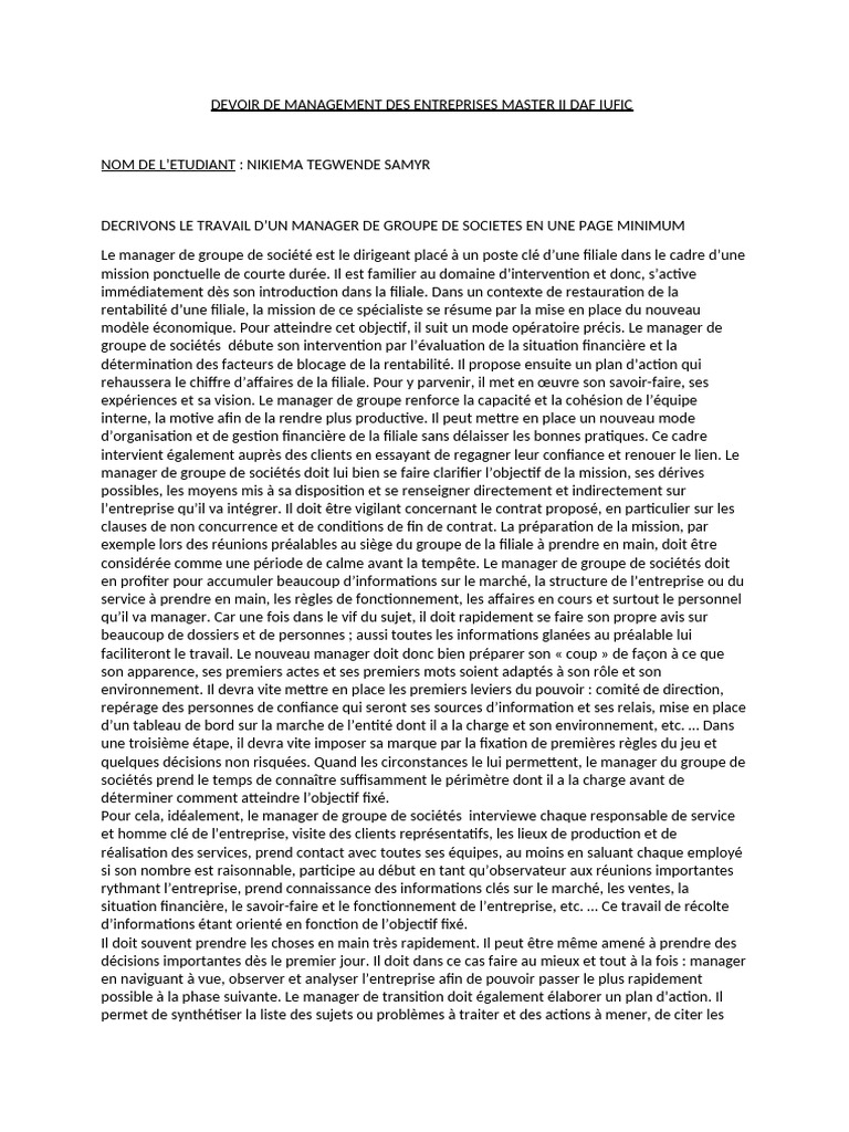 Devoir de Management Des Entreprises Master Ii Daf Iufic | PDF