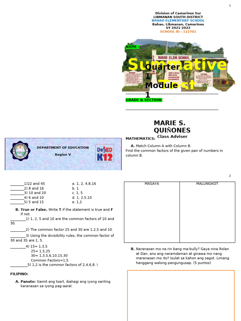 Grade 1 Summative Test Modules 2021-2022 | PDF | Materials