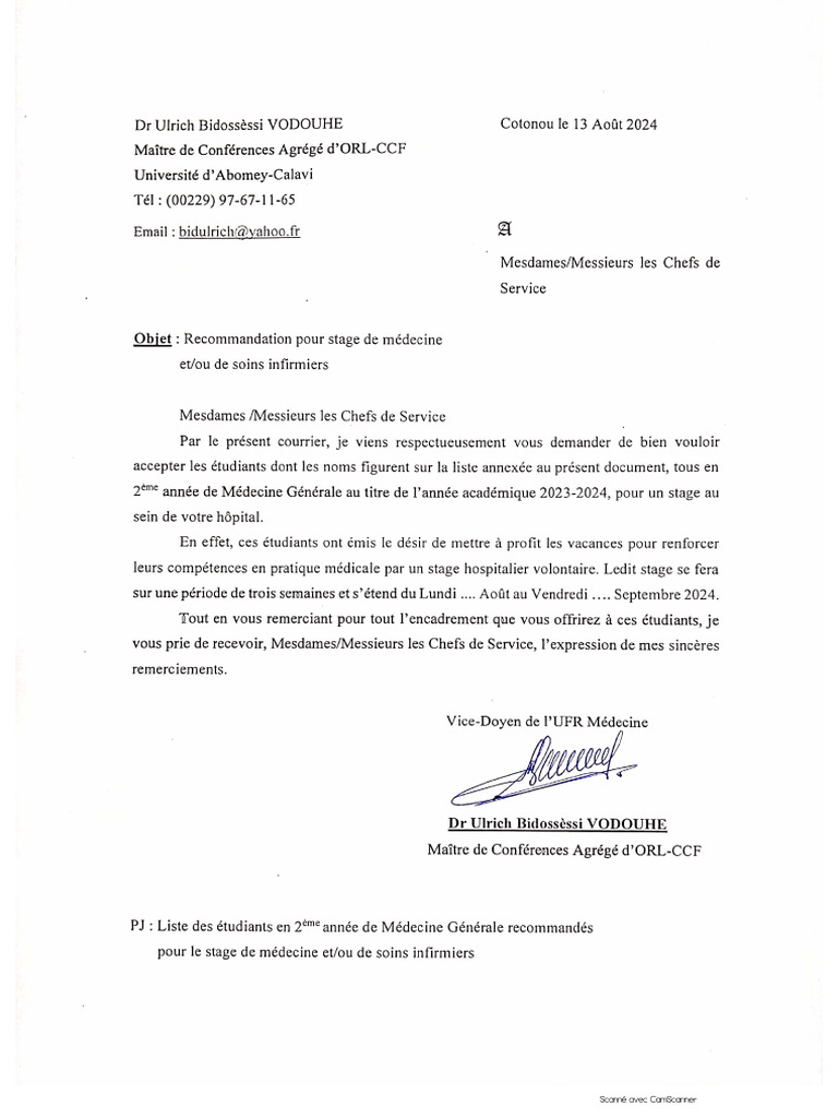 Lettre de Recommandation Stage 3 Semaines | PDF