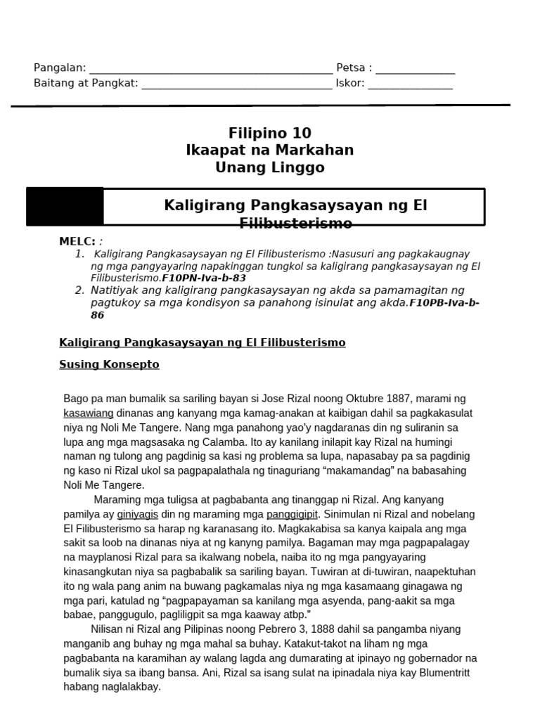 1 Filipino Grade 10 WK 1 Q4 El Filipibustirismo 1 | PDF