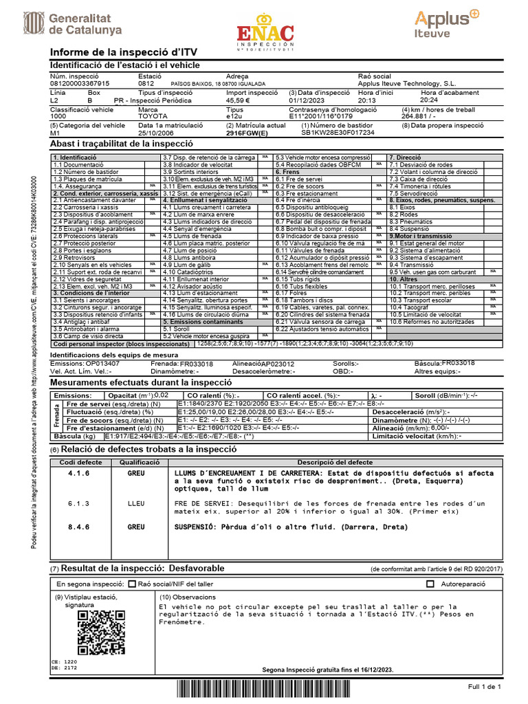Informe de La Inspecció d'ITV: Identificació de L'estació I El Vehicle ...