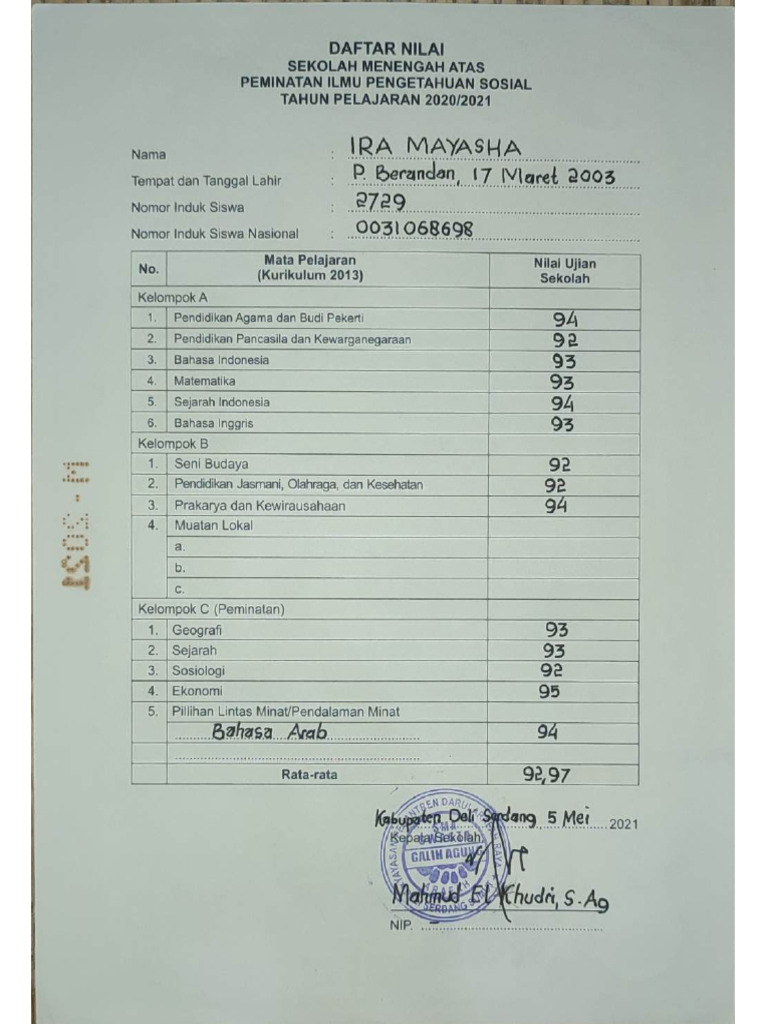 Transkrip Nilai SMA | PDF