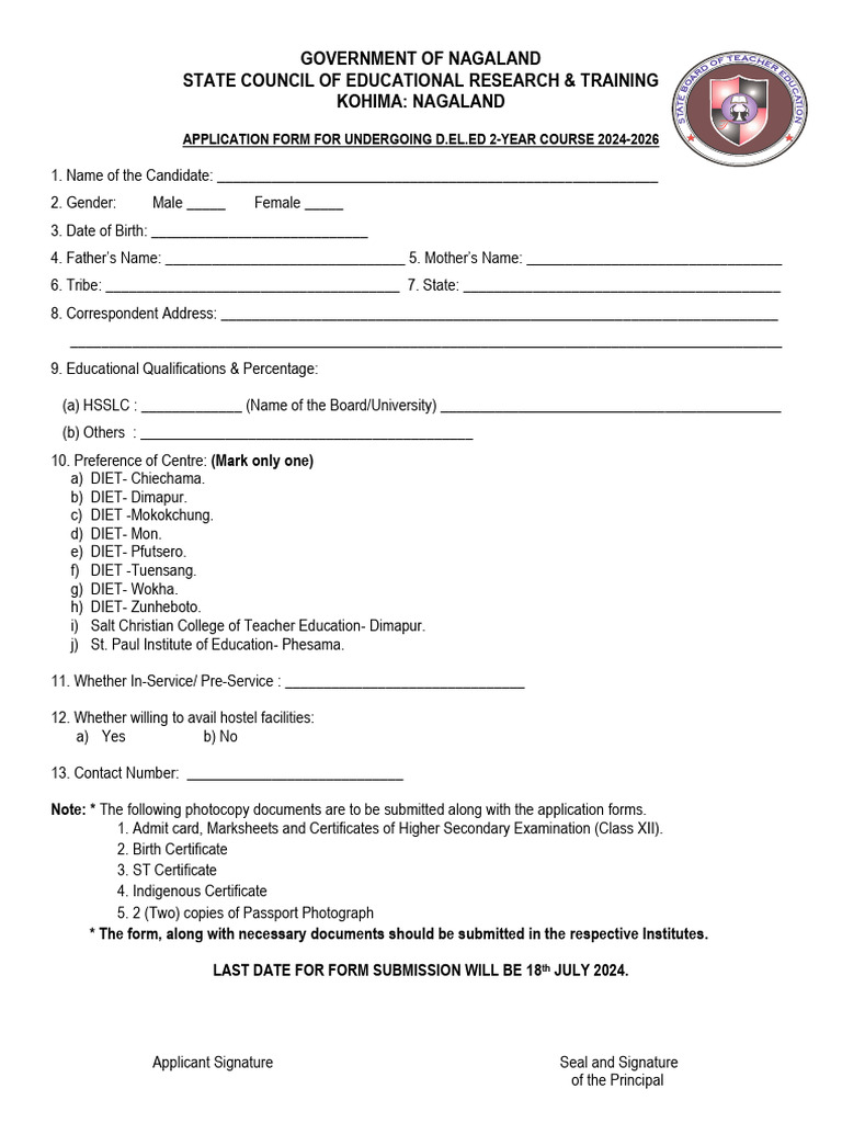 Application Form D.el - .Ed 2 Year Course 2024 2026 | PDF